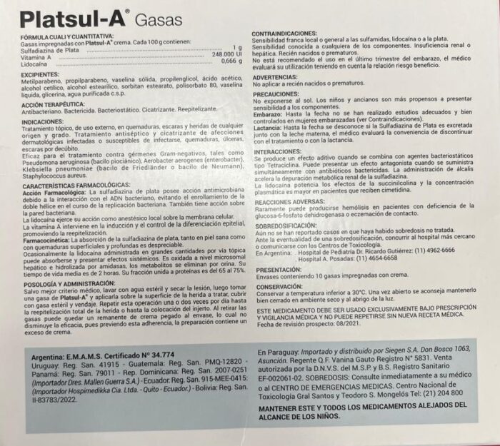 PLATSUL-A GASAS. APOSITO DE APLICACION TOPICA DERMICA. CON SULFADIAZINA ...